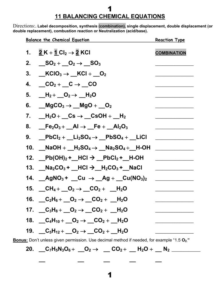 Chemical Equations And Reactions Worksheet Db Excel | Writing Worksheets