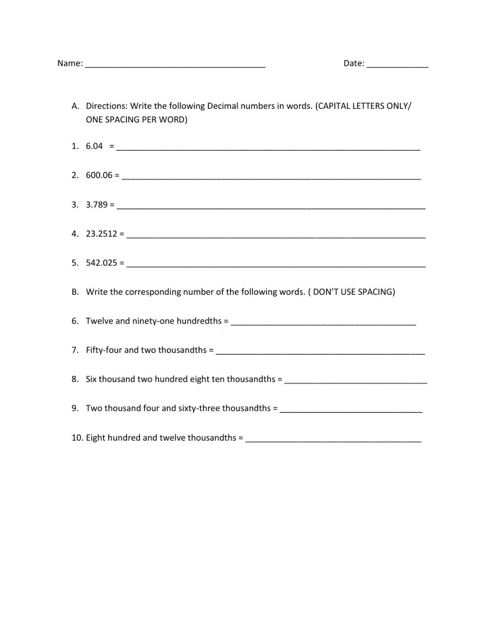 Reading And Writing Decimals Worksheets 5Th Grade Db Excel Writing 