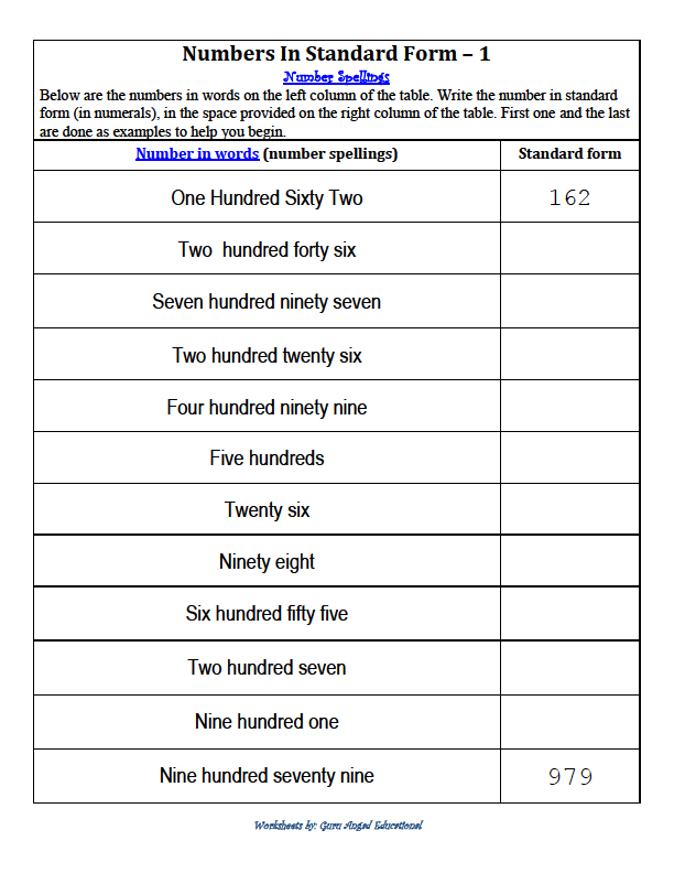 Writing Numbers In Standard Form Worksheets Writing Worksheets