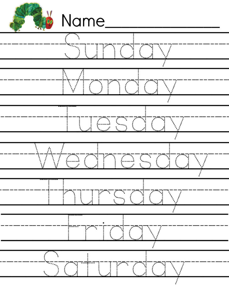 The Very Hungry Caterpillar Days Of The Week Writing Sheet Preschool ...