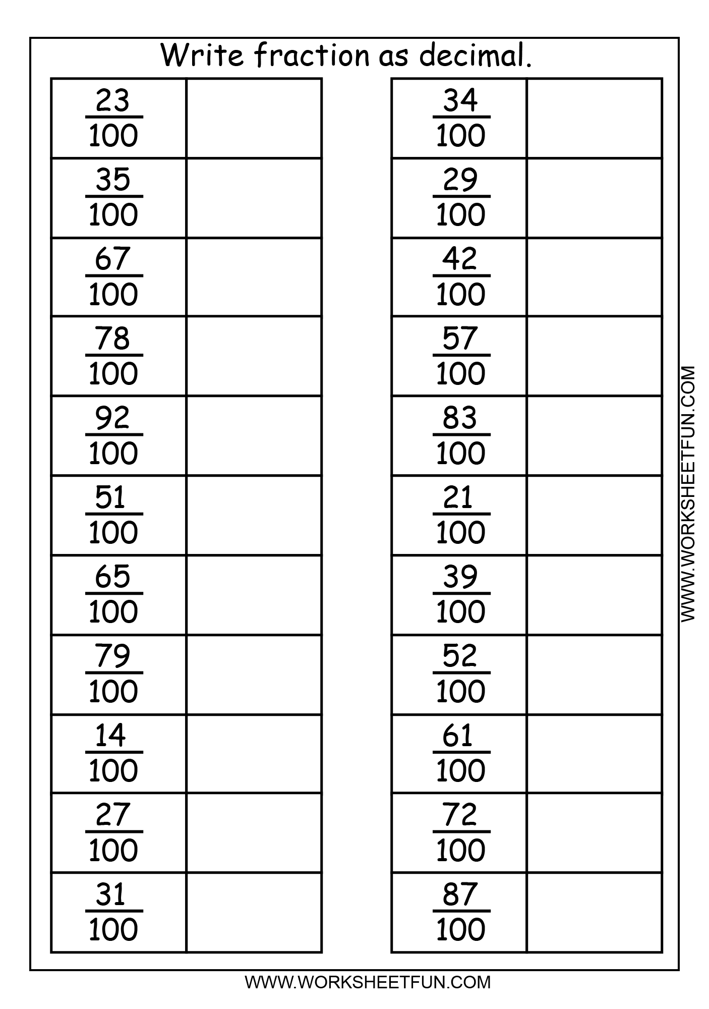 Writing Fractions As Decimals Worksheet Writing Worksheets