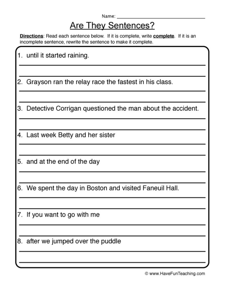 Writing In Complete Sentences Worksheet | Writing Worksheets